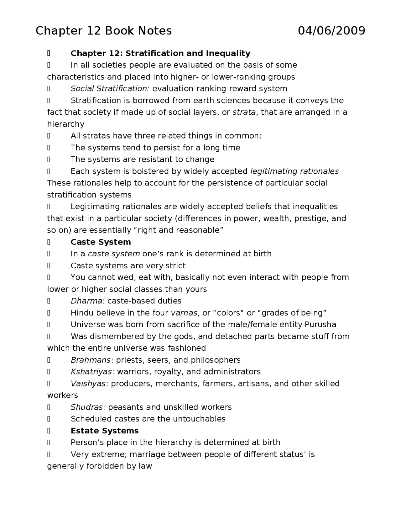 Notes On The Stratification And The Inequality Soc 1010 Docsity
