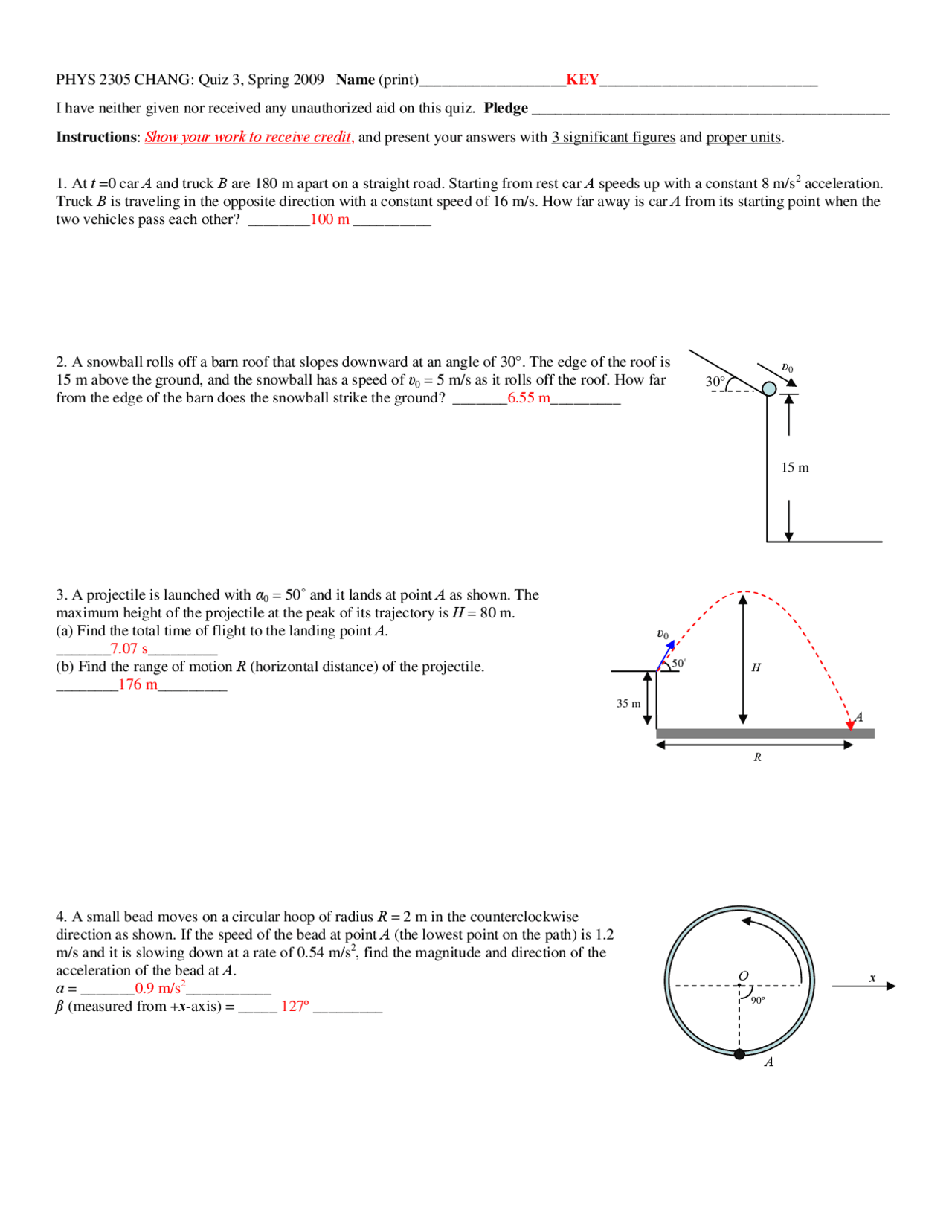 Answer Key For Quiz 3 Foundations Of Physics I Phys 2305 Docsity
