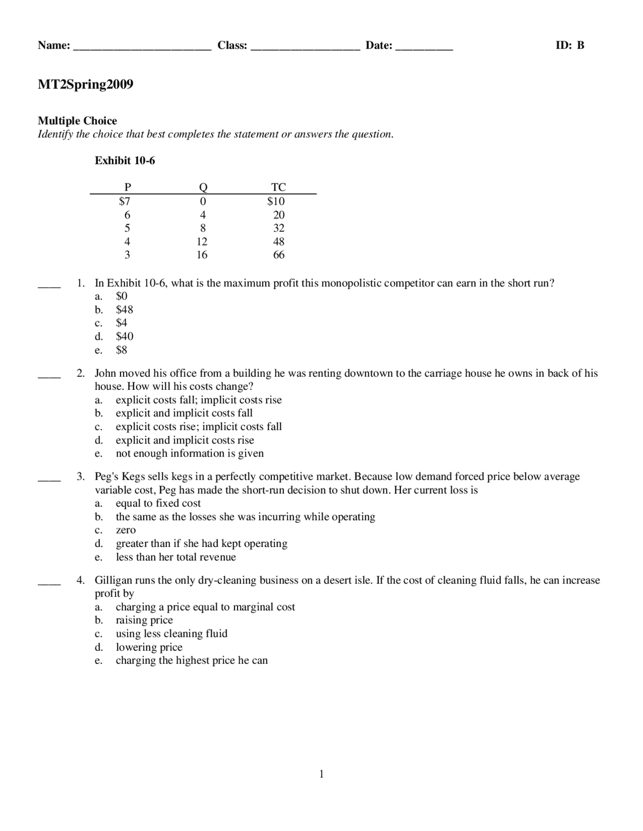 Midterm Exam 2 Multiple Choice Questions Principles Of Economics