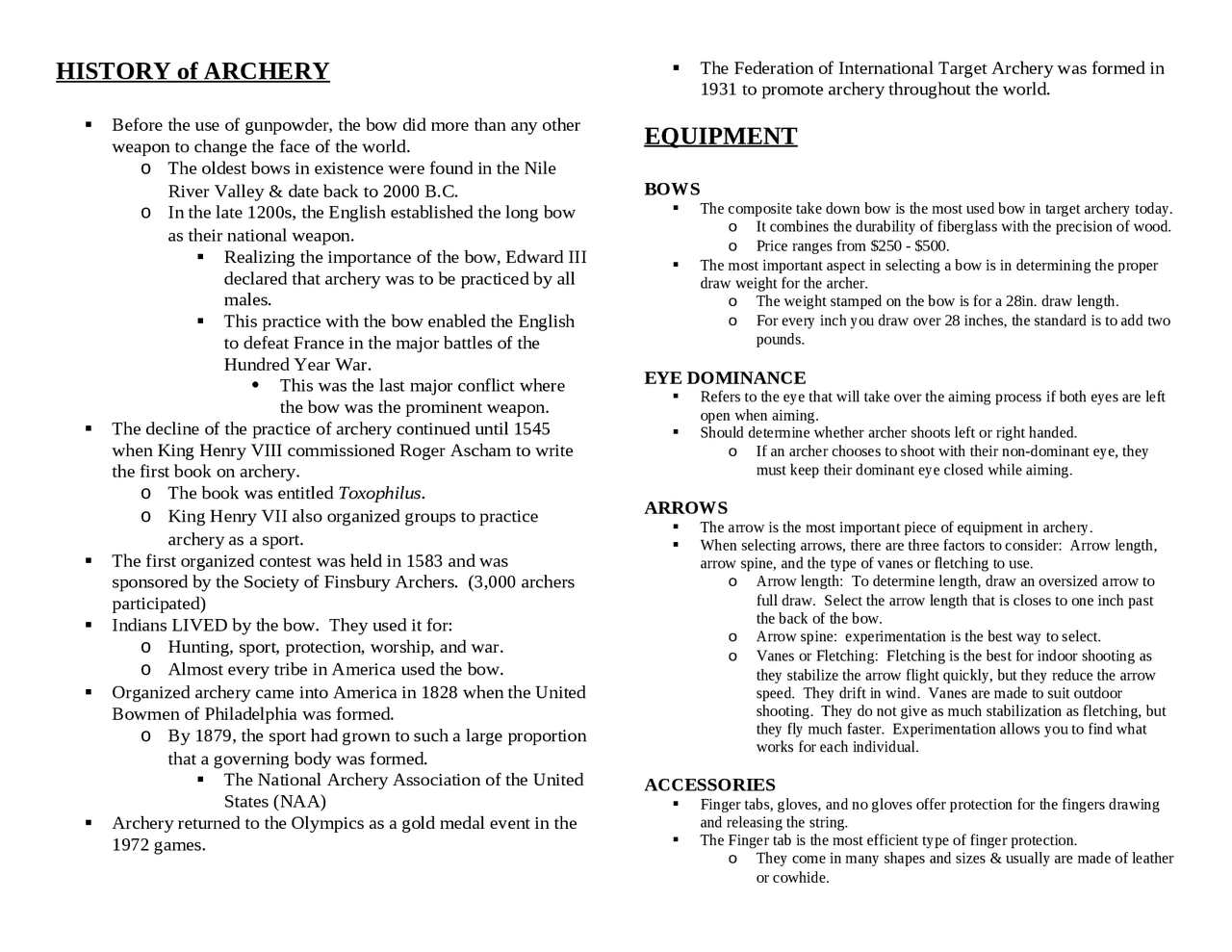 General Information - History of Archery - Outline | KINE 199 | Study ...
