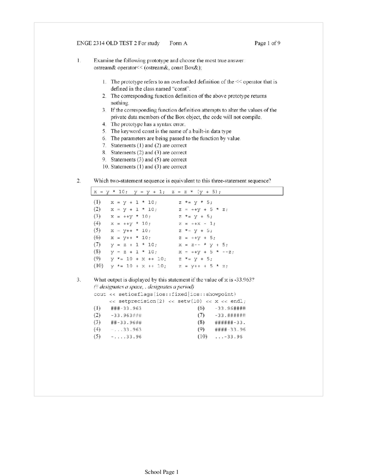 Test 2 for Study Form A - Engineering Problems Solving: C++ | ENGE 2314 ...