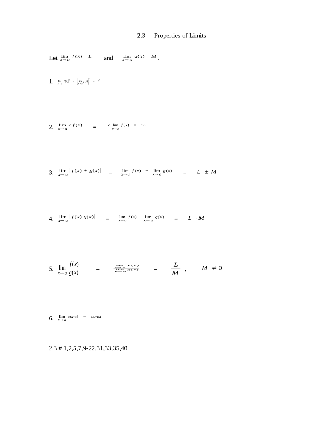 Properties Of Limits Math Concepts Calculus Math 131 Docsity