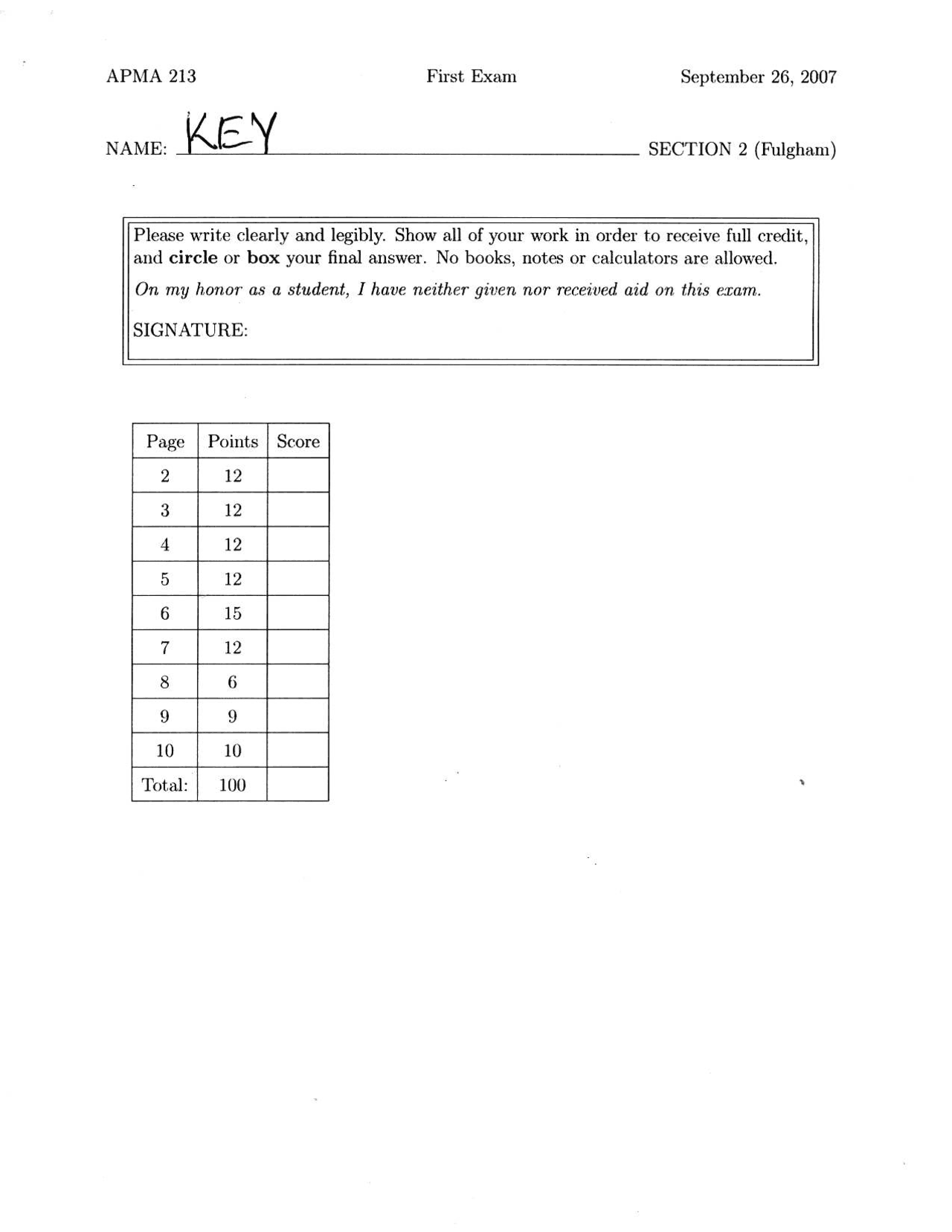 Old Exam Answer Key | Ordinary Differential Equations | APMA 2130 ...