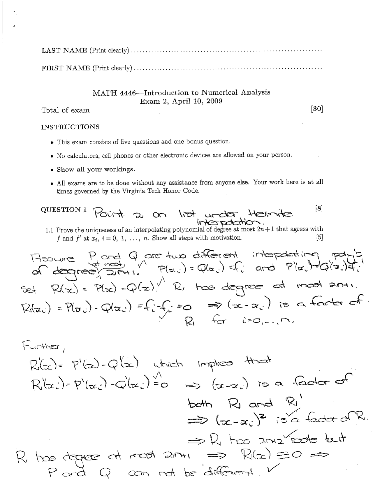 Exam 2 Questions With Resolutions Introduction To Number Analysis