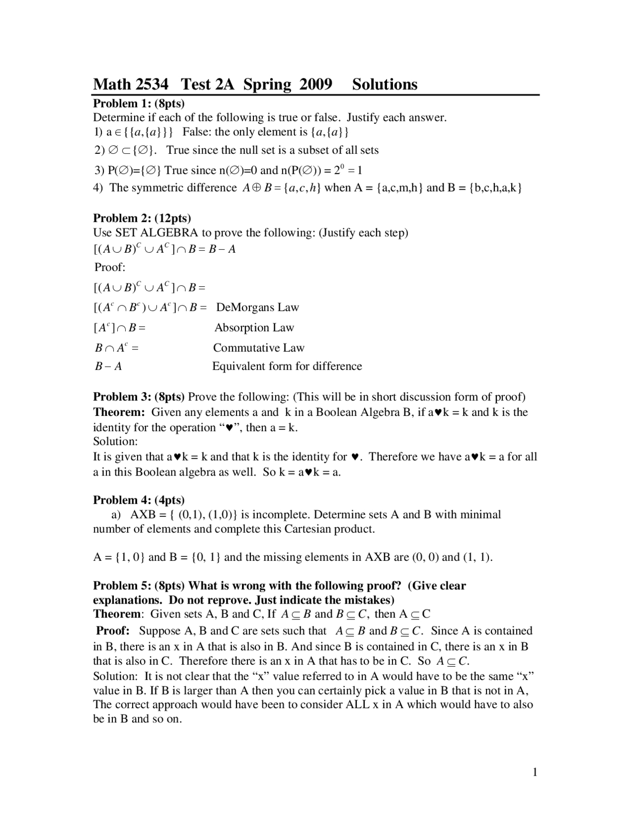 Test 2A - Introduction to Discrete Mathematics | MATH 2534 - Docsity