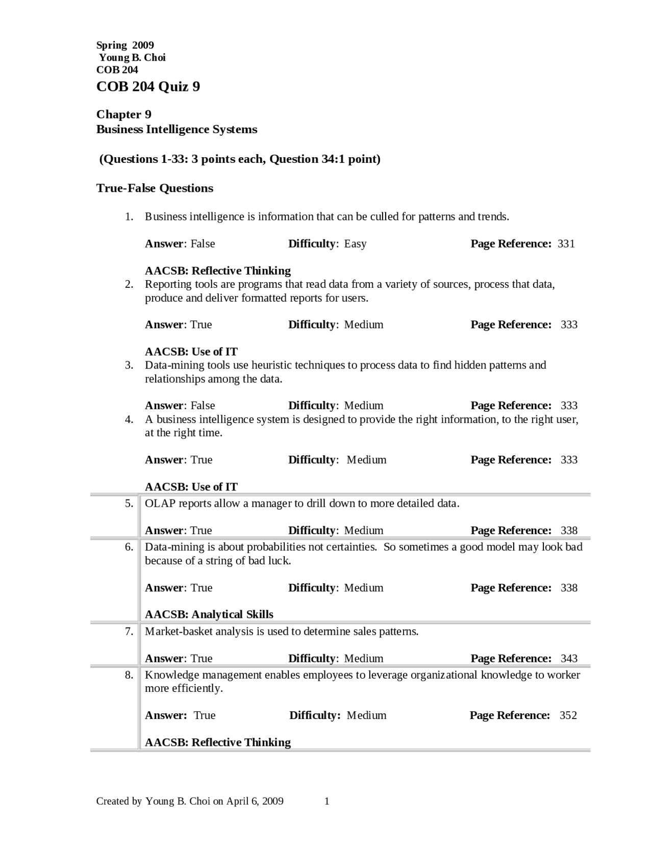 Business Intelligence Systems Quiz 9 With Answers Cob 204 Docsity