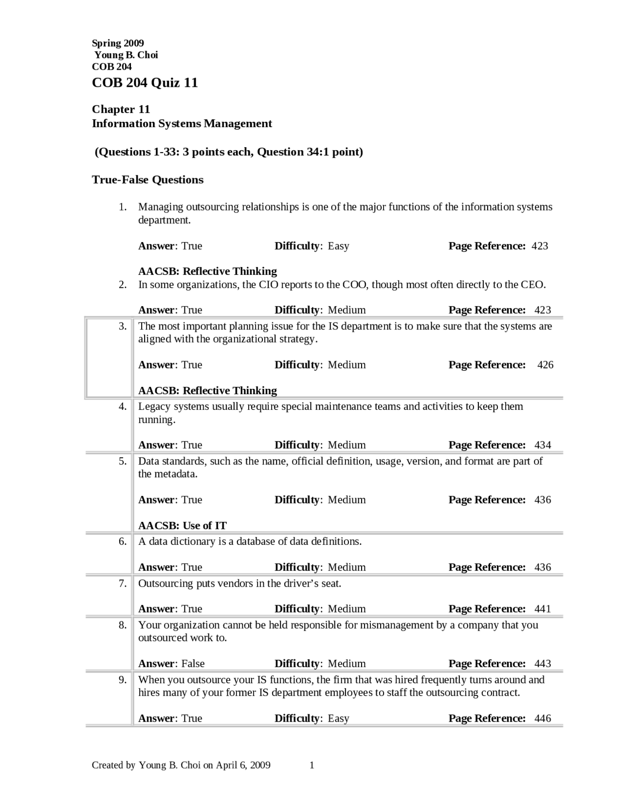 Information Systems Management Quiz 11 Solved Cob 204 Docsity