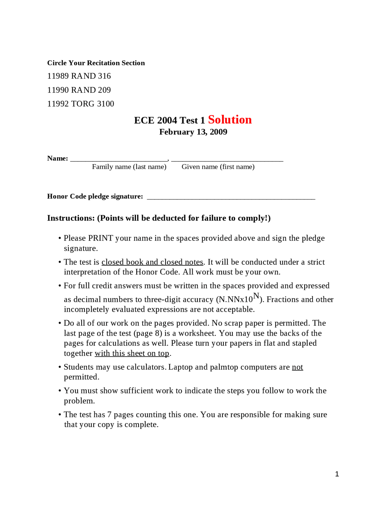 Exam 1 Solutions Electric Circuit Analysis Ece 2004 Docsity