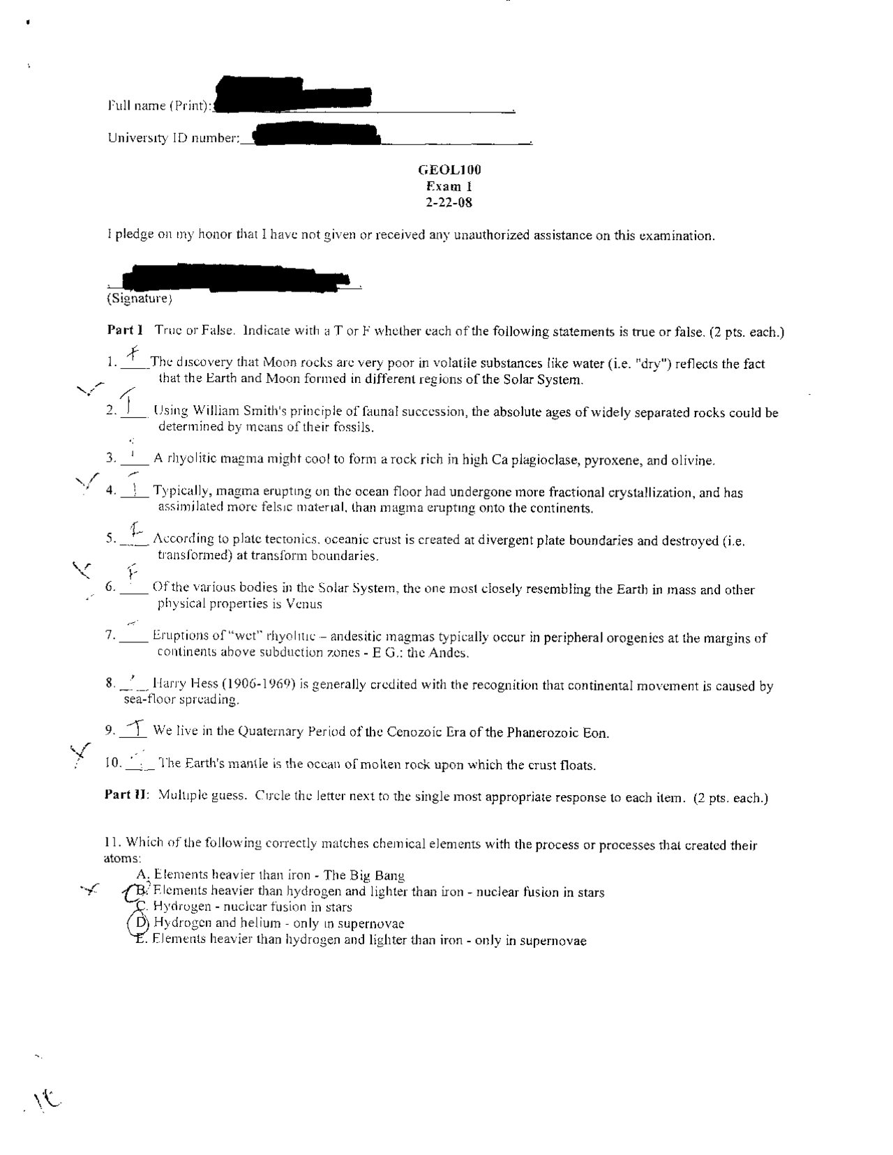 Exam 1 With Answers Physical Geology 2008 Geol 100 Docsity
