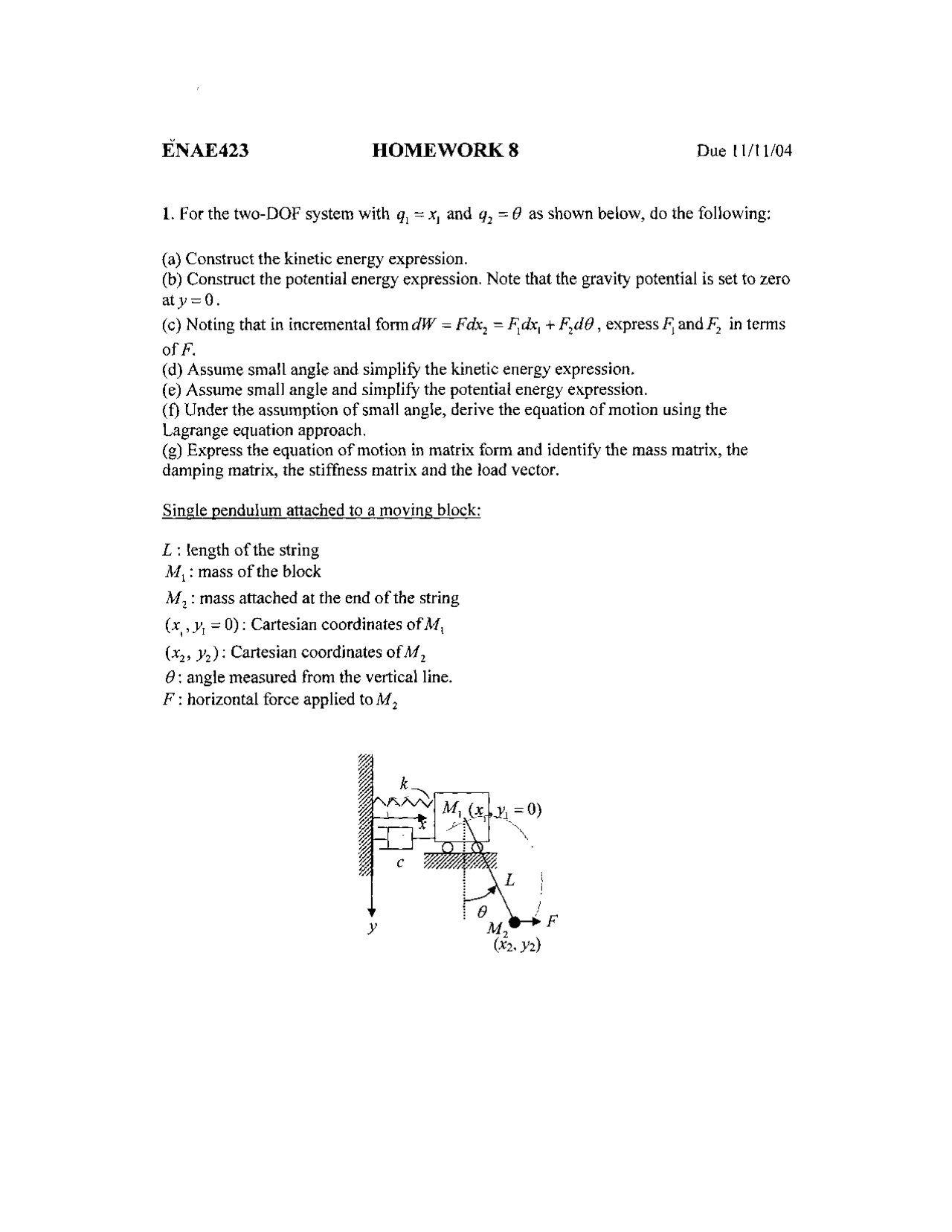 Kinetics and Potential Energy Expressions - Homework 8 | ENAE 423 - Docsity