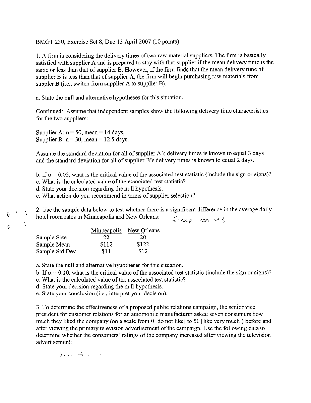 Problem Set 8 With Solution Business Statistics 2007 Bmgt 230