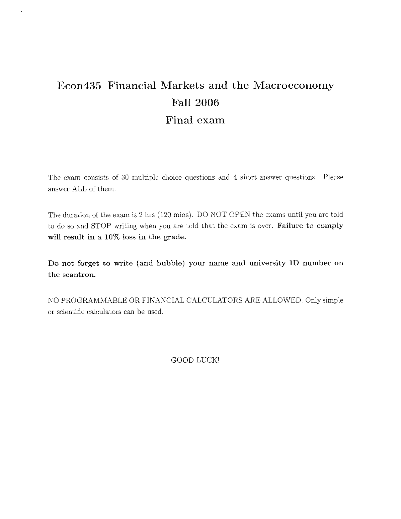 Final Exam With Answer Key Financial Economics Econ 435 Docsity
