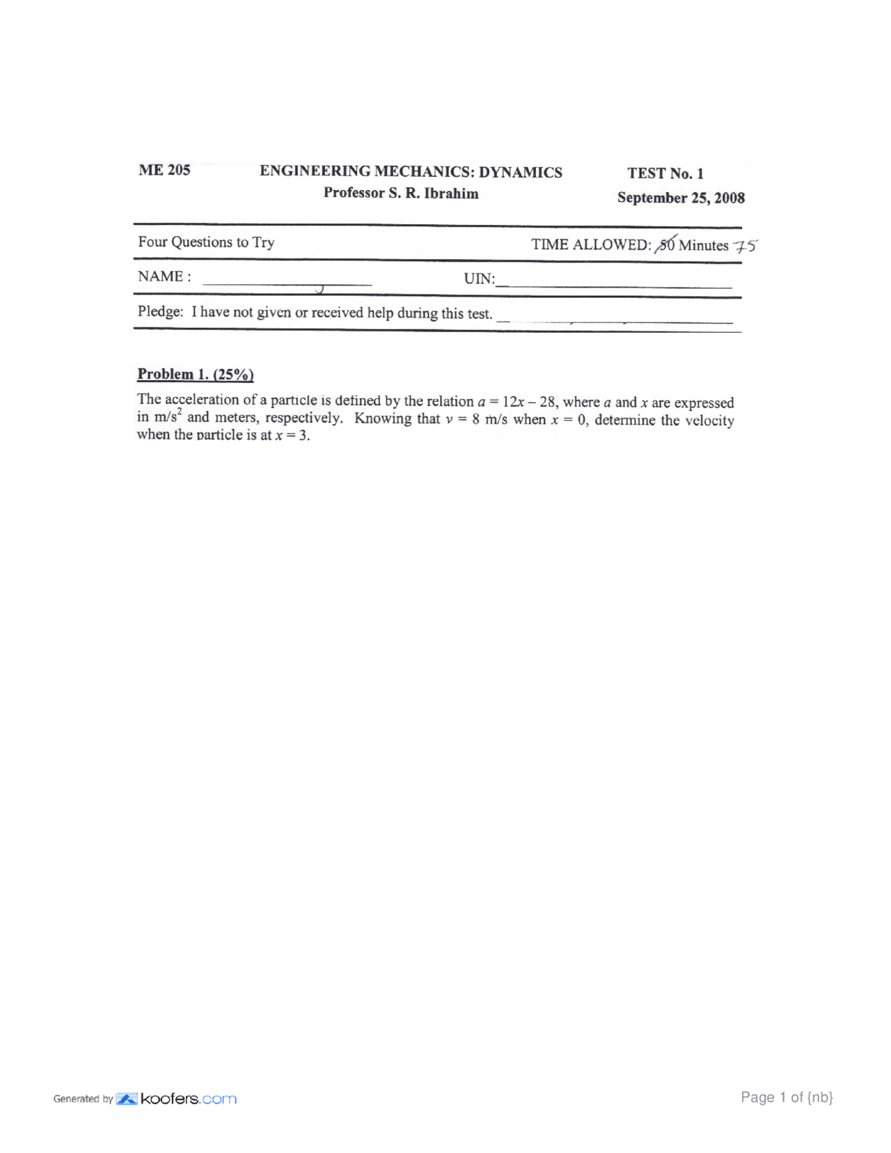 Exam 1 Questions - Engineering Mechanics: Dynamics | ME 205 - Docsity
