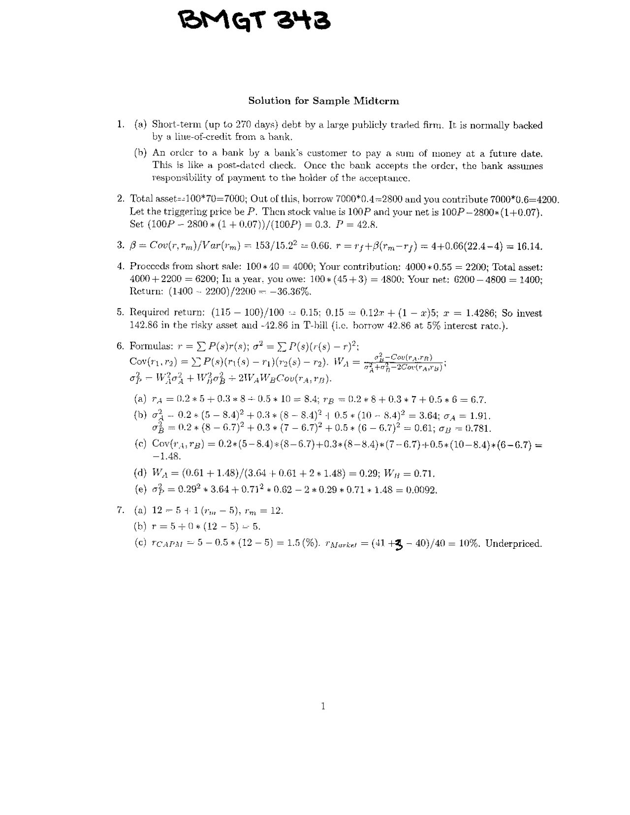 Solution For Midterm Exam Investments Bmgt 343 Docsity