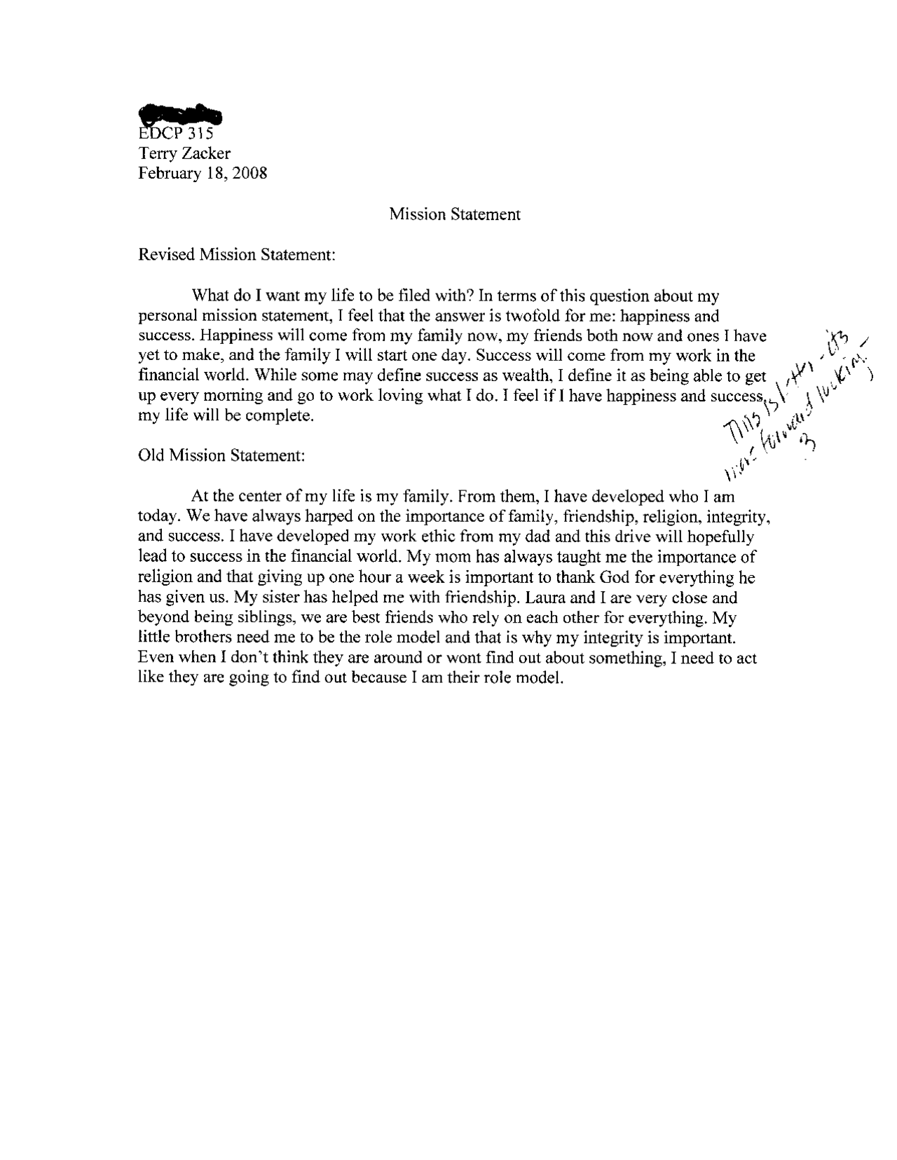 Revised Mission statement - Assignment | EDCP 315 | Assignments History ...