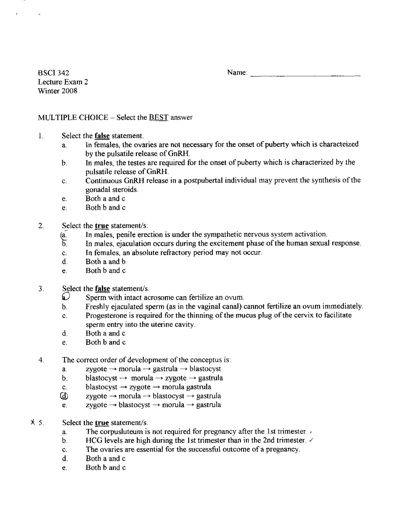 Exam 2 With Solution For Biology Reproduction Bsci 342 Docsity