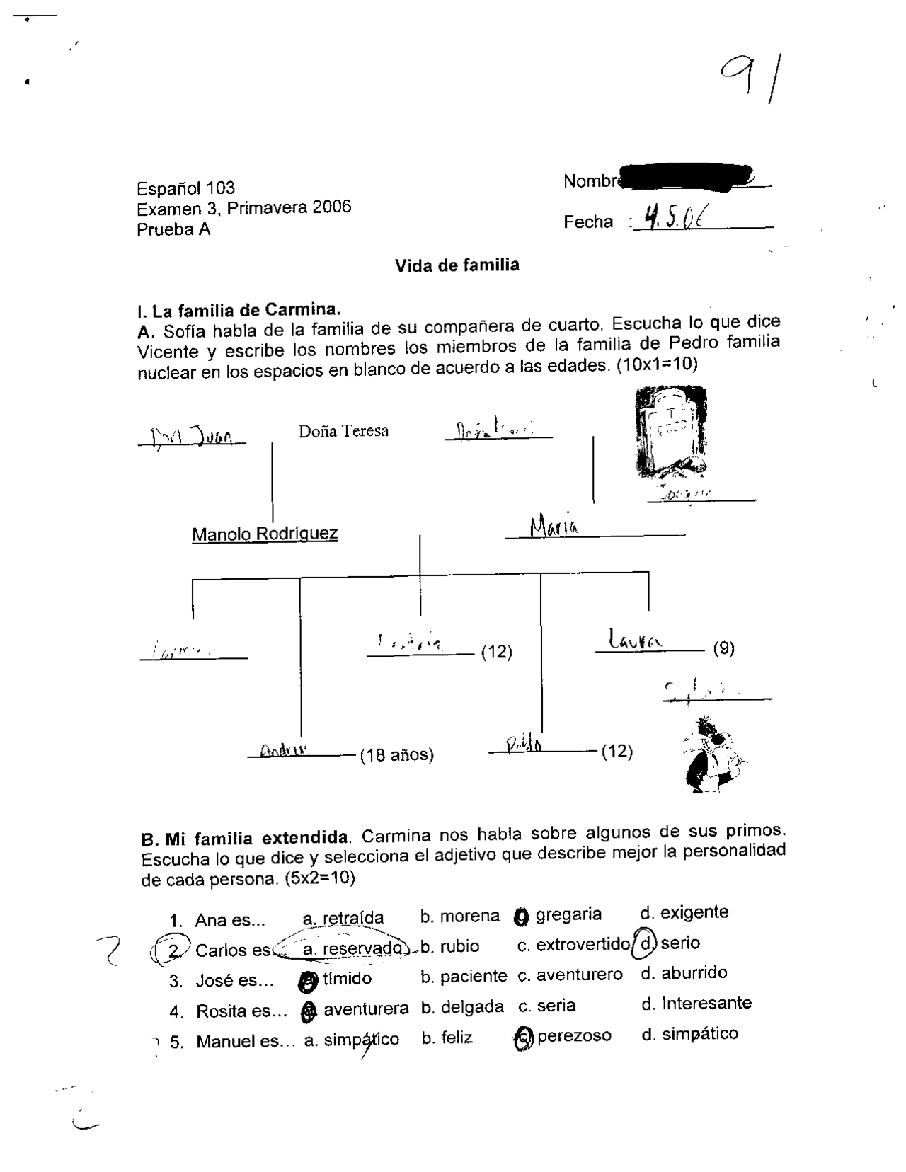 Vida da familia - Intensive Elementary Spanish - Exam | SPAN 103 - Docsity
