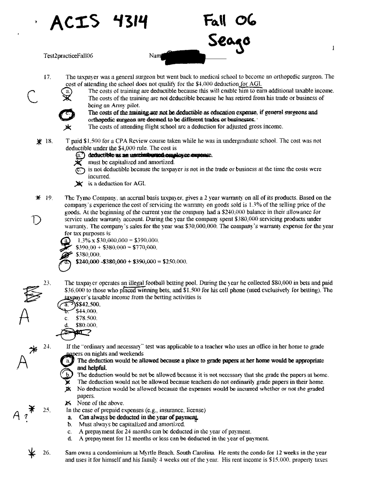 Practice Test 2 with Solution | Principles of Taxation | ACIS 4314 ...