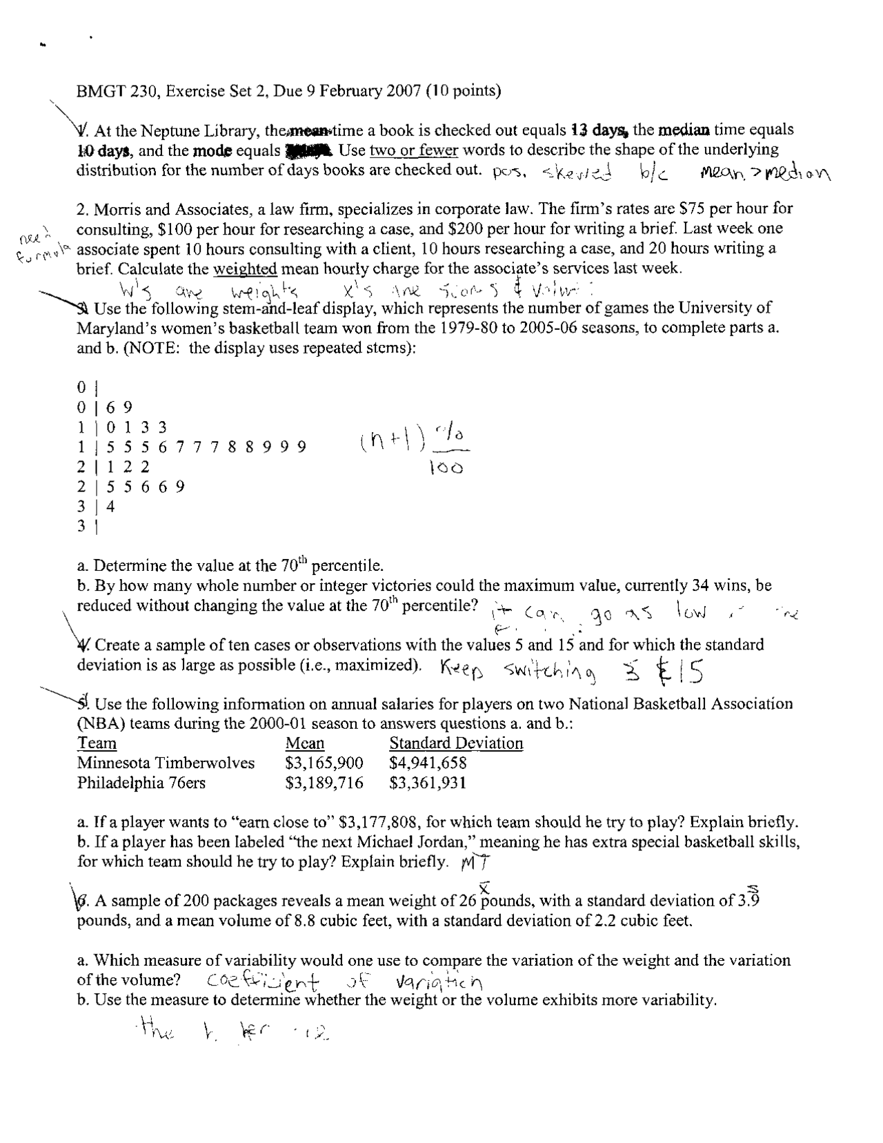 Business Statistics Solved Problem Set 2 Fall 2007 Bmgt 230 Docsity