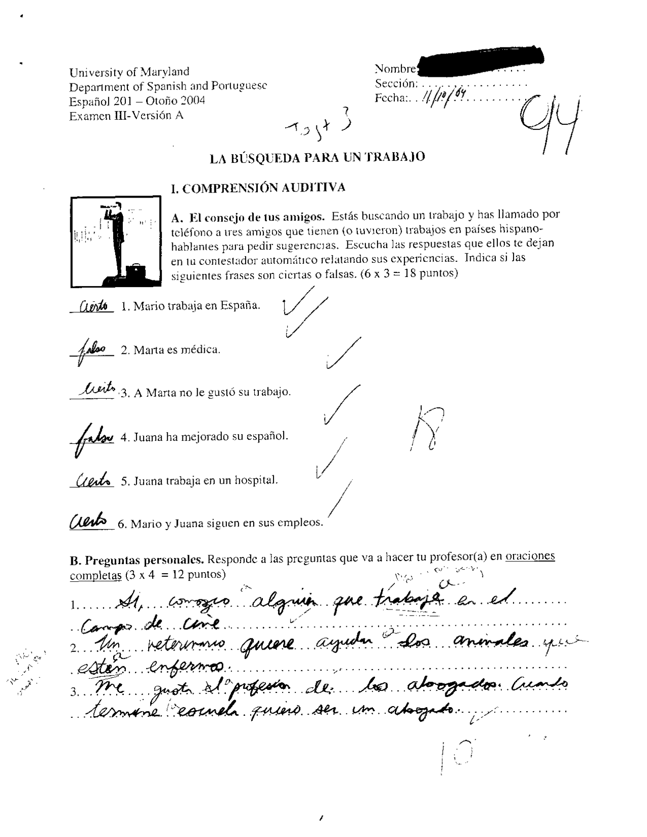 Exam 3 with Solution Key - Intermediate Spanish | SPAN 201 - Docsity