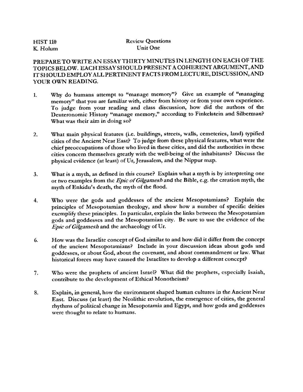 Review Questions for Unit 1 - Ancient World - Assignment | HIST 110 ...