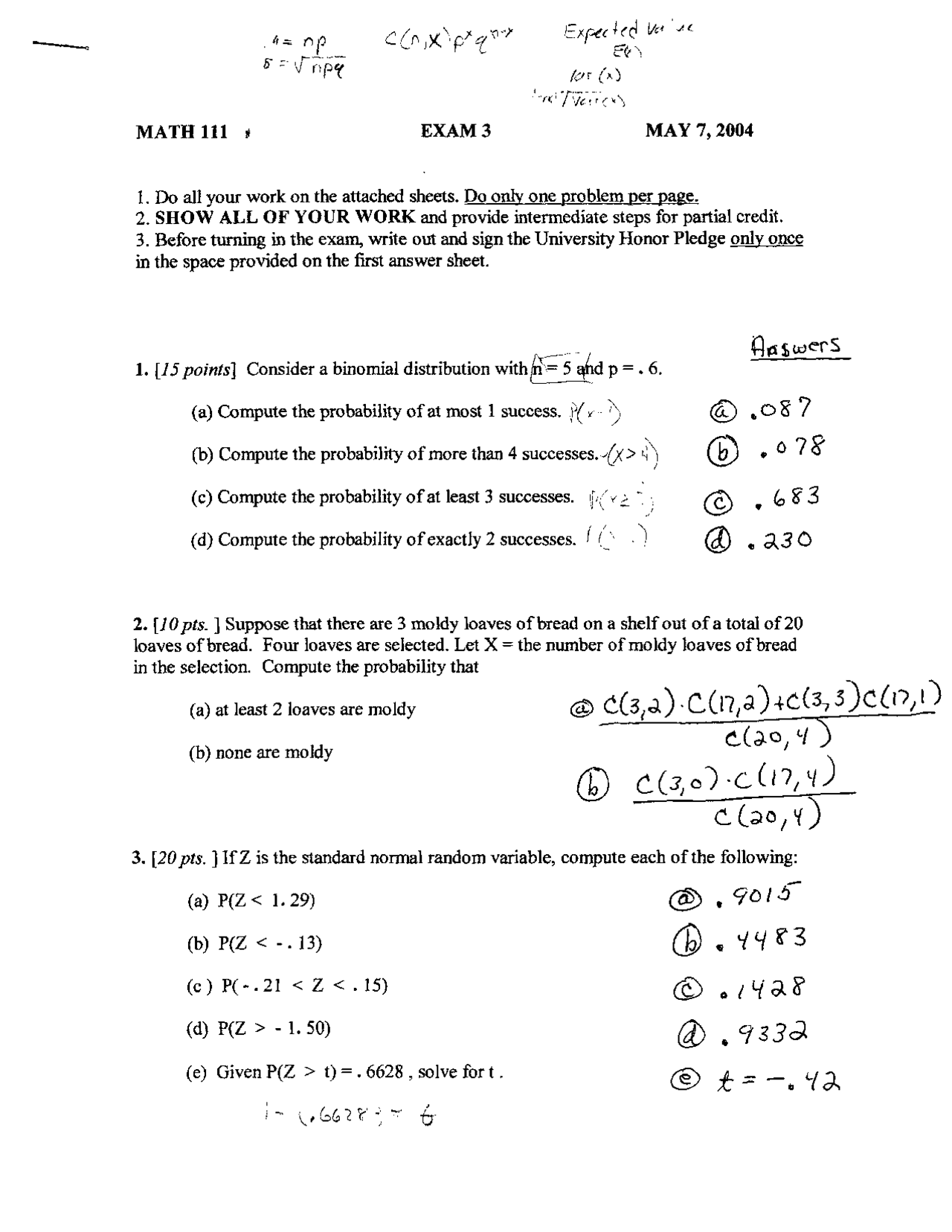 7 Questions on Binomial Distribution - Examination 3 | MATH 111 - Docsity