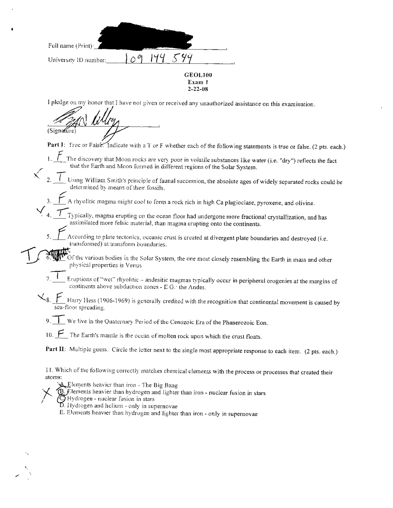 Exam 1 With Answer Key Physical Geology Geol 100 Docsity