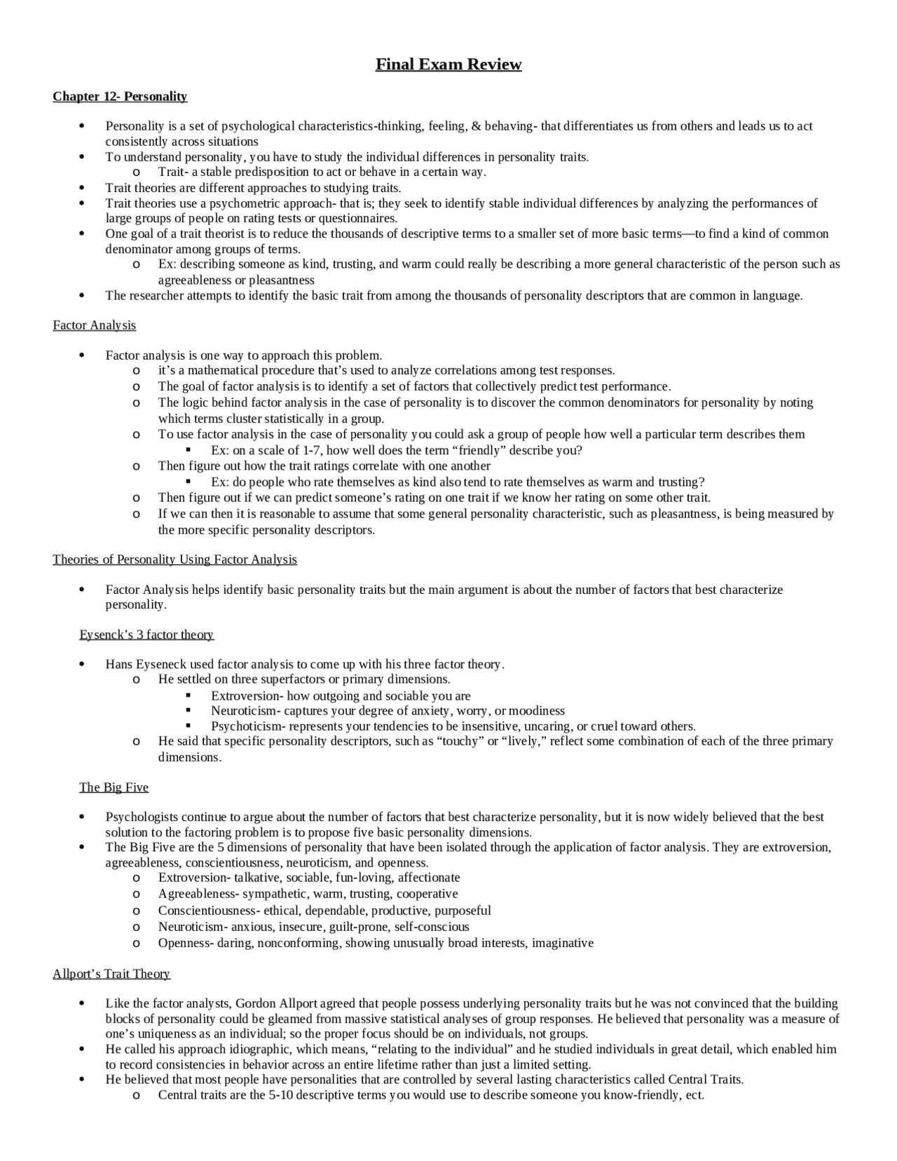 Introduction to Psychology - Final Exam Review | PSYC 107 - Docsity