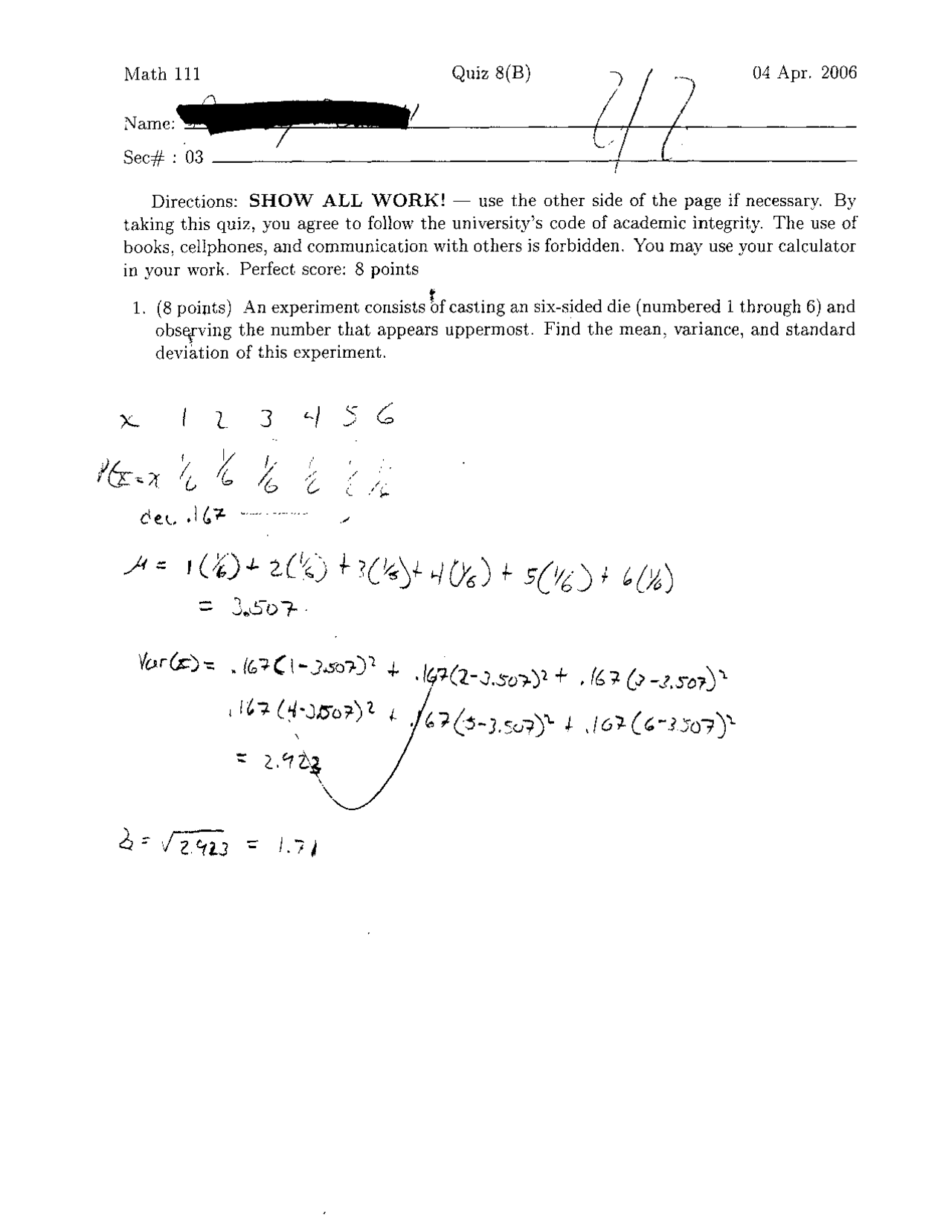 Solved Problems On Standard Deviation Quiz 8 Math 111 Docsity