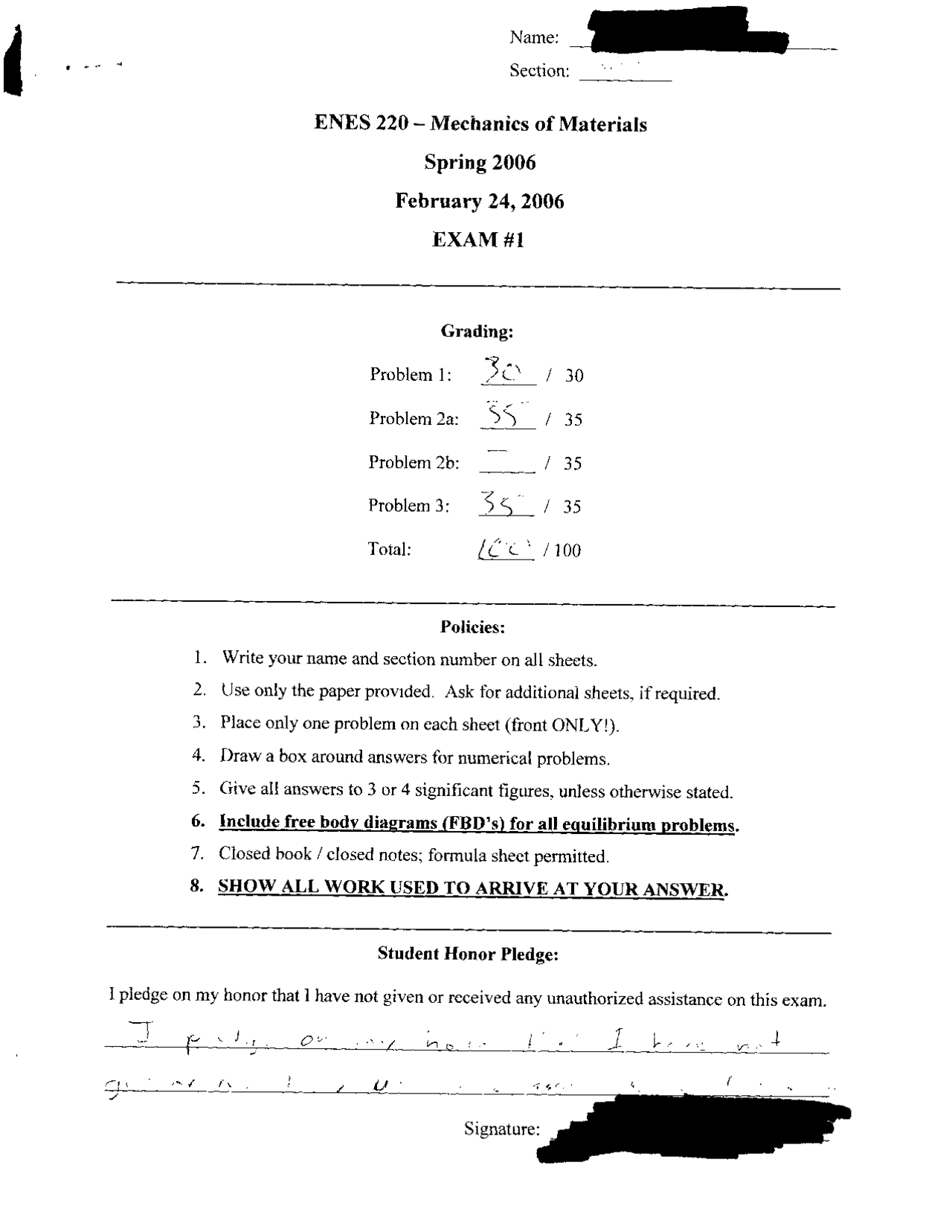 Exam 1 with Answers for Mechanics of Materials | ENES 220 - Docsity