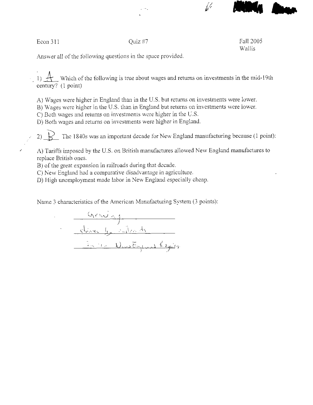 Quiz 7 - US Economy History Pre Civil War | ECON 311 - Docsity