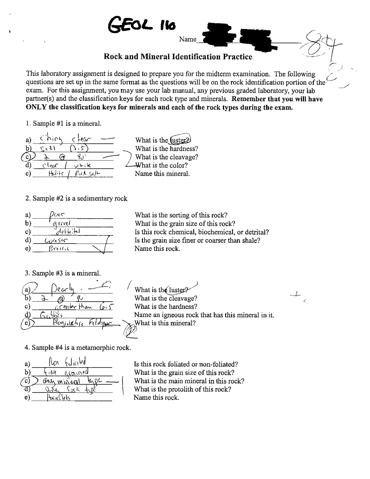 Rock and Mineral Identification Practice - Exam Solutions | GEOL 110 ...