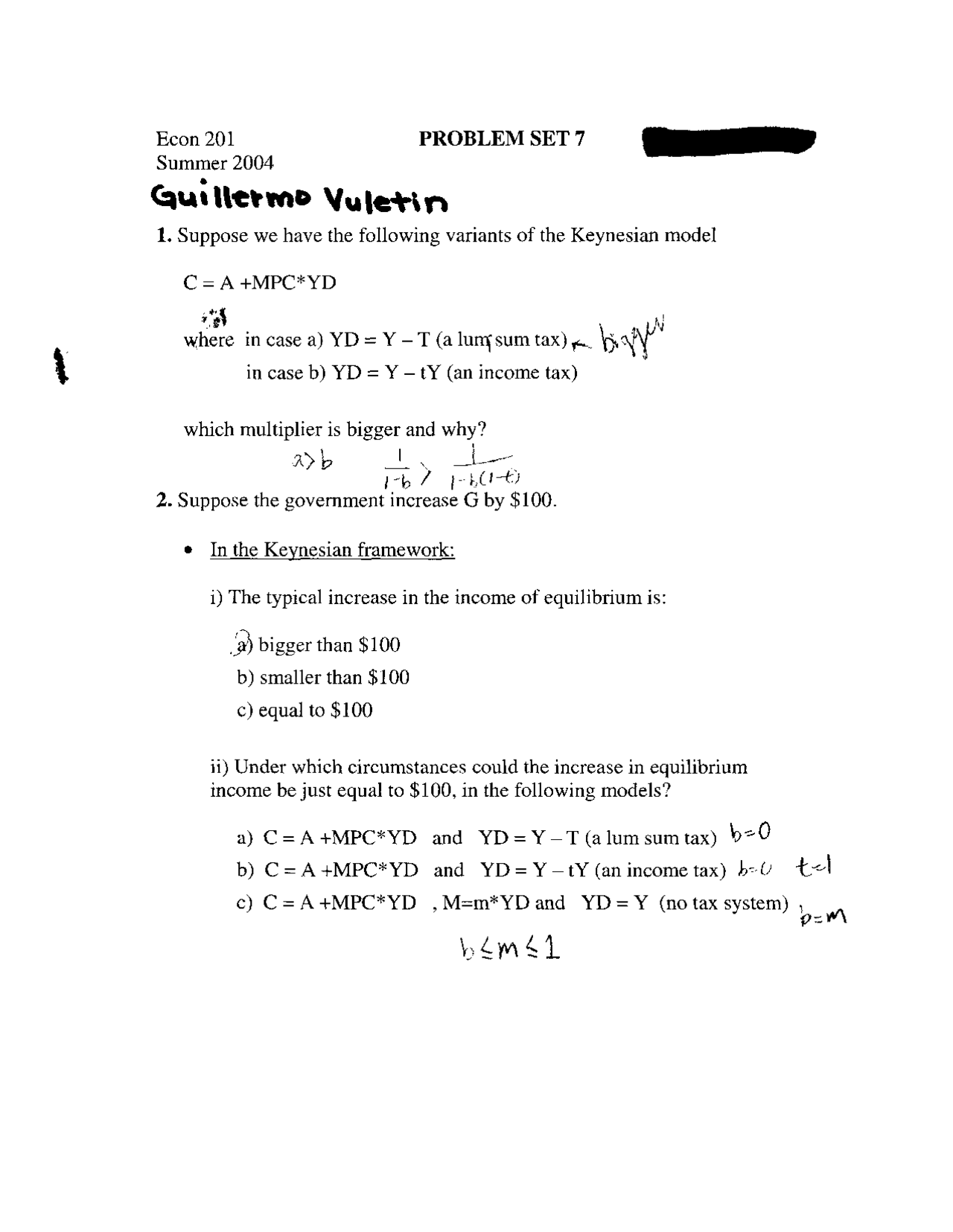 Problem Set 7 - Principles of Macroeconomics - 2004 | ECON 201 | Assignments Introduction to ...