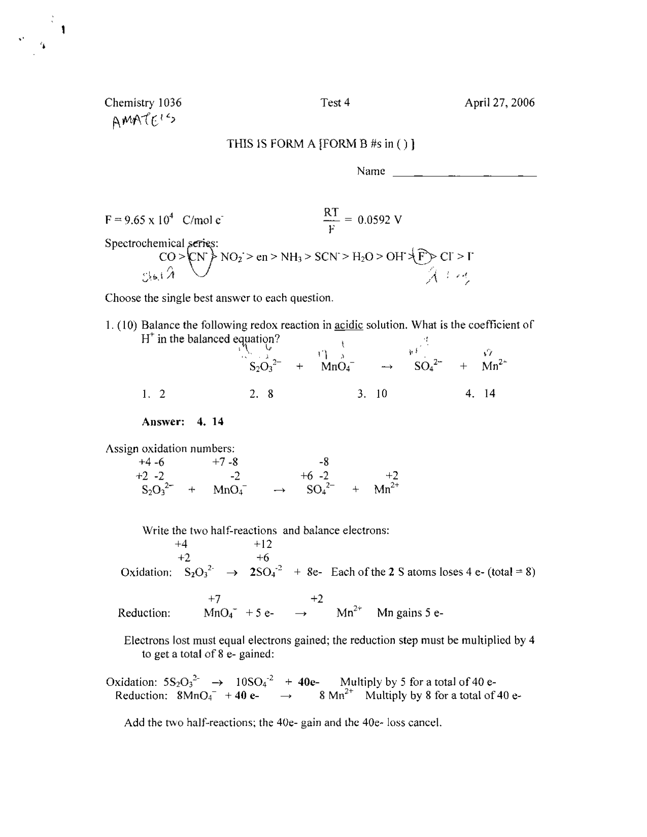 Solved Problems On General Chemistry Test Chem 1036 Docsity