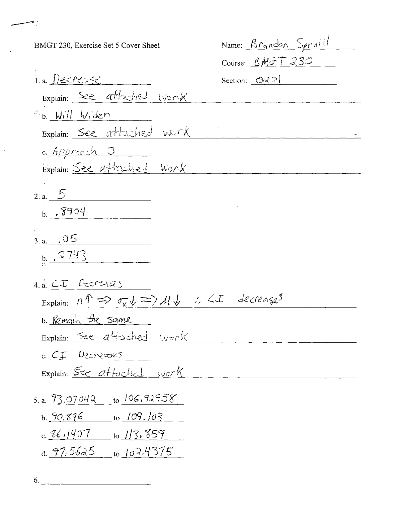 Problem Set 5 With Answer Sheet Business Statistics Bmgt 230 Docsity