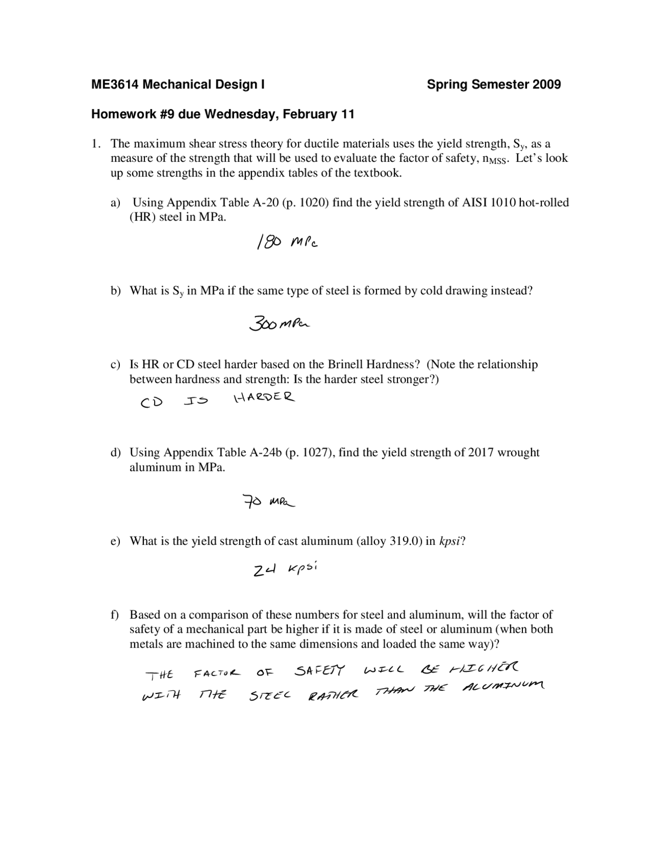 ME3614 Mechanical Design I - Homework 9: Maximum Shear Stress Theory and Mohr's Circle - P ...