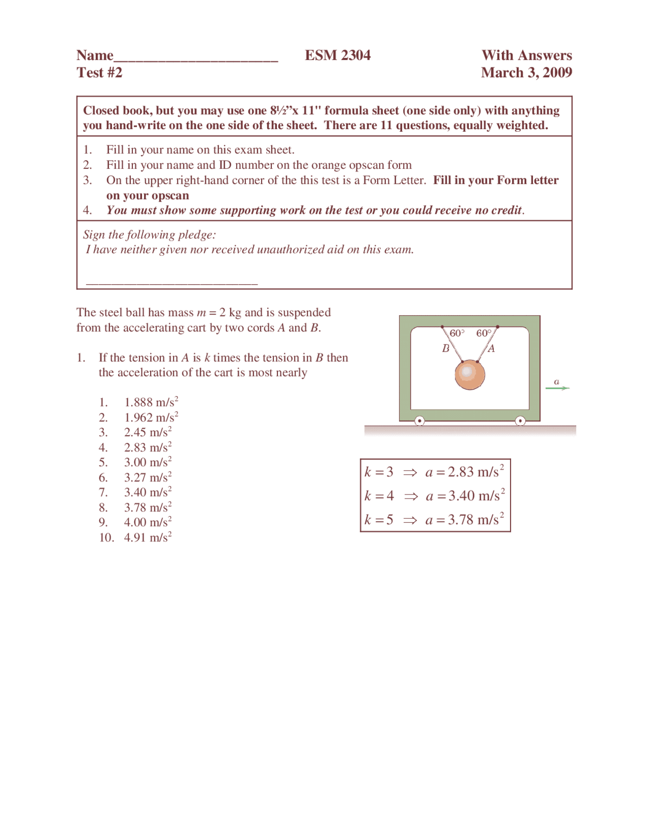 Exam 2 With Solutions For Dynamics Esm 2304 Docsity
