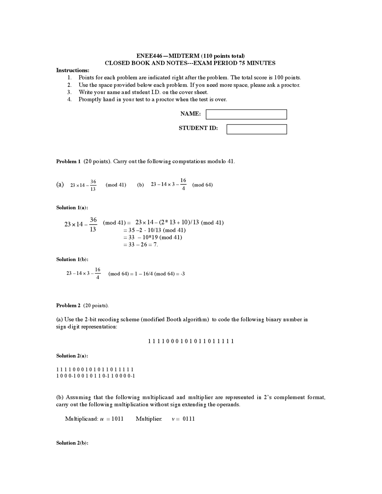 Mid Term Exam For Digital Design And Computer Enee 446 Docsity