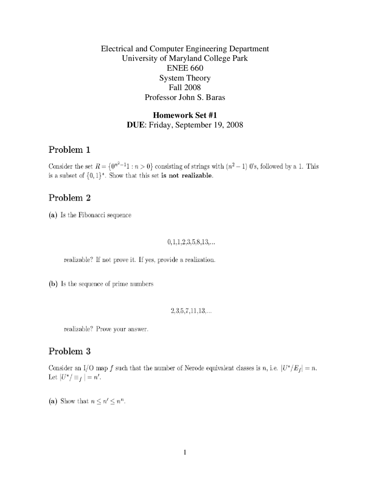7 Problems In System Theory Assignment 1 Enee 660 Docsity