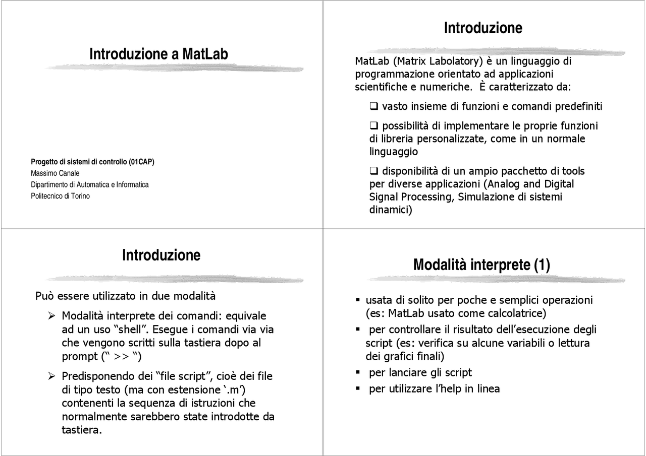 Introduzione A Matlab Docsity