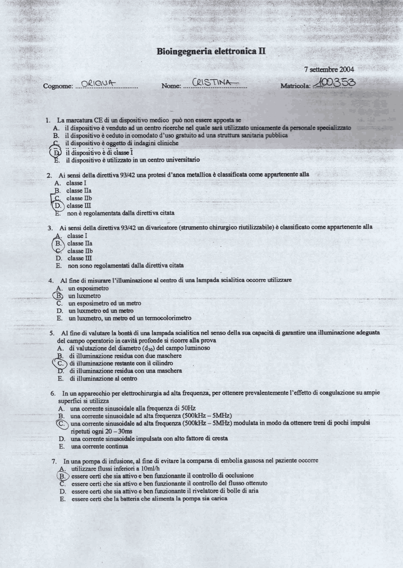 Esame Risolto Di Bioingegneria Elettronica 07 09 2004 Prove Desame
