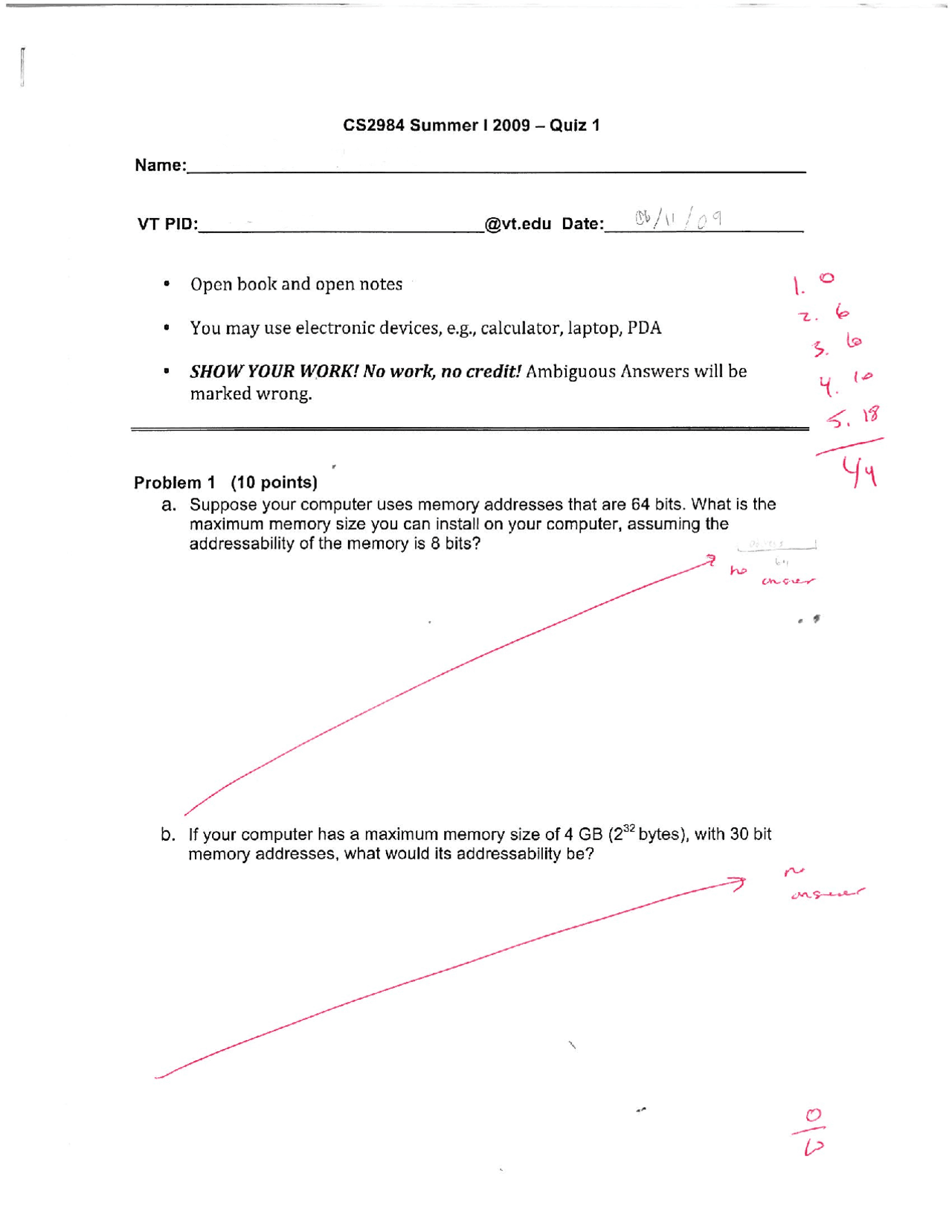 Lc 3 Computer Quiz 1 Intro Computer Organization Cs 2504 Quizzes