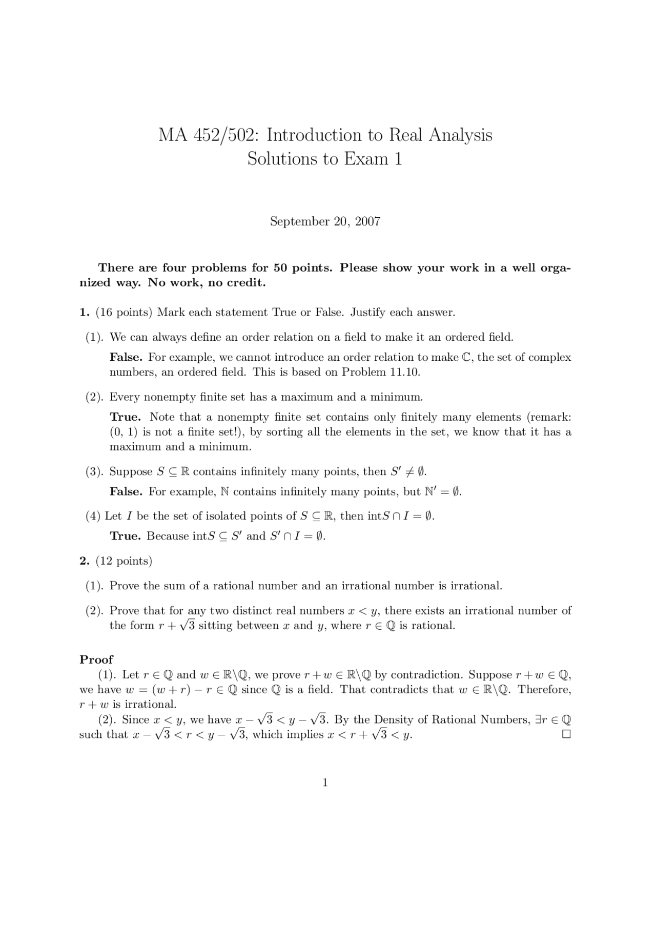 Solution To Exam 1 Introduction To Real Analysis Ma 452 Docsity