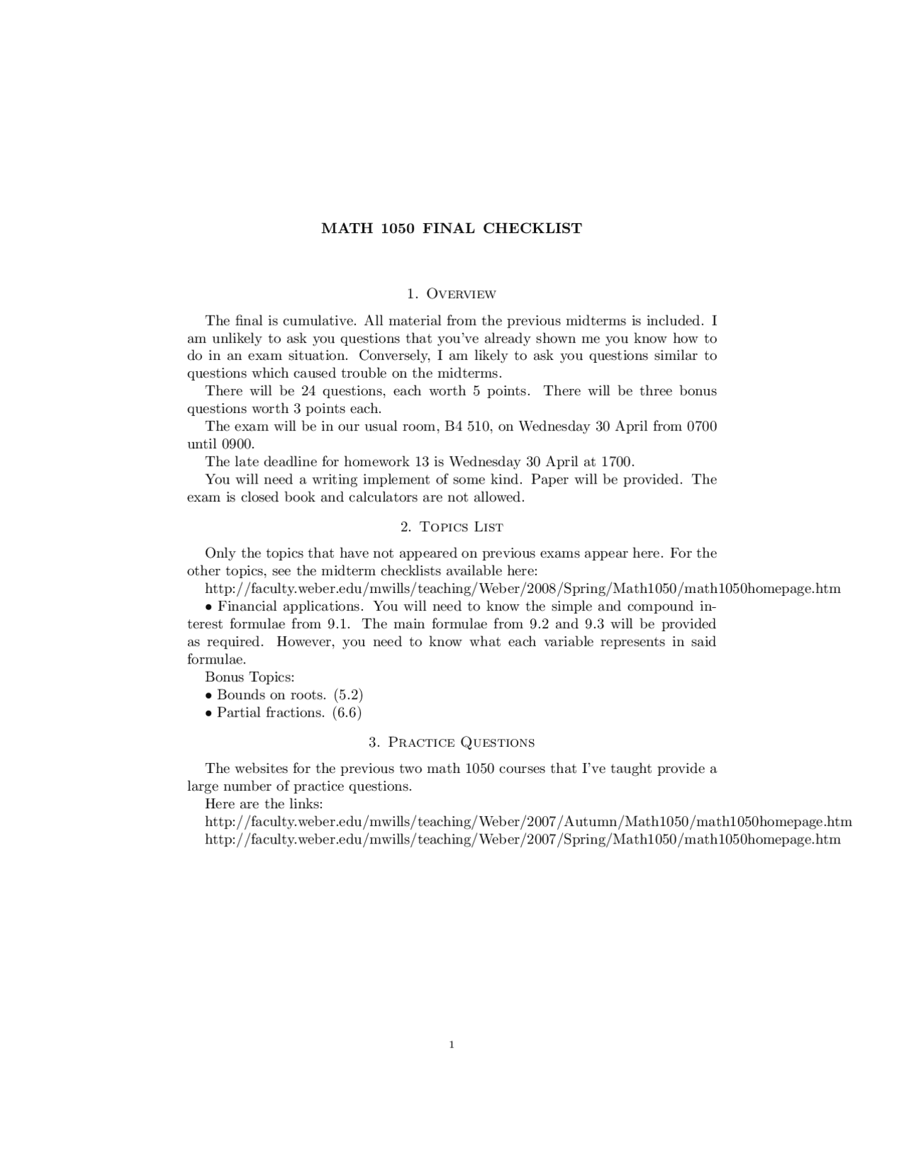 Final Checklist For College Algebra Math 1050 Docsity