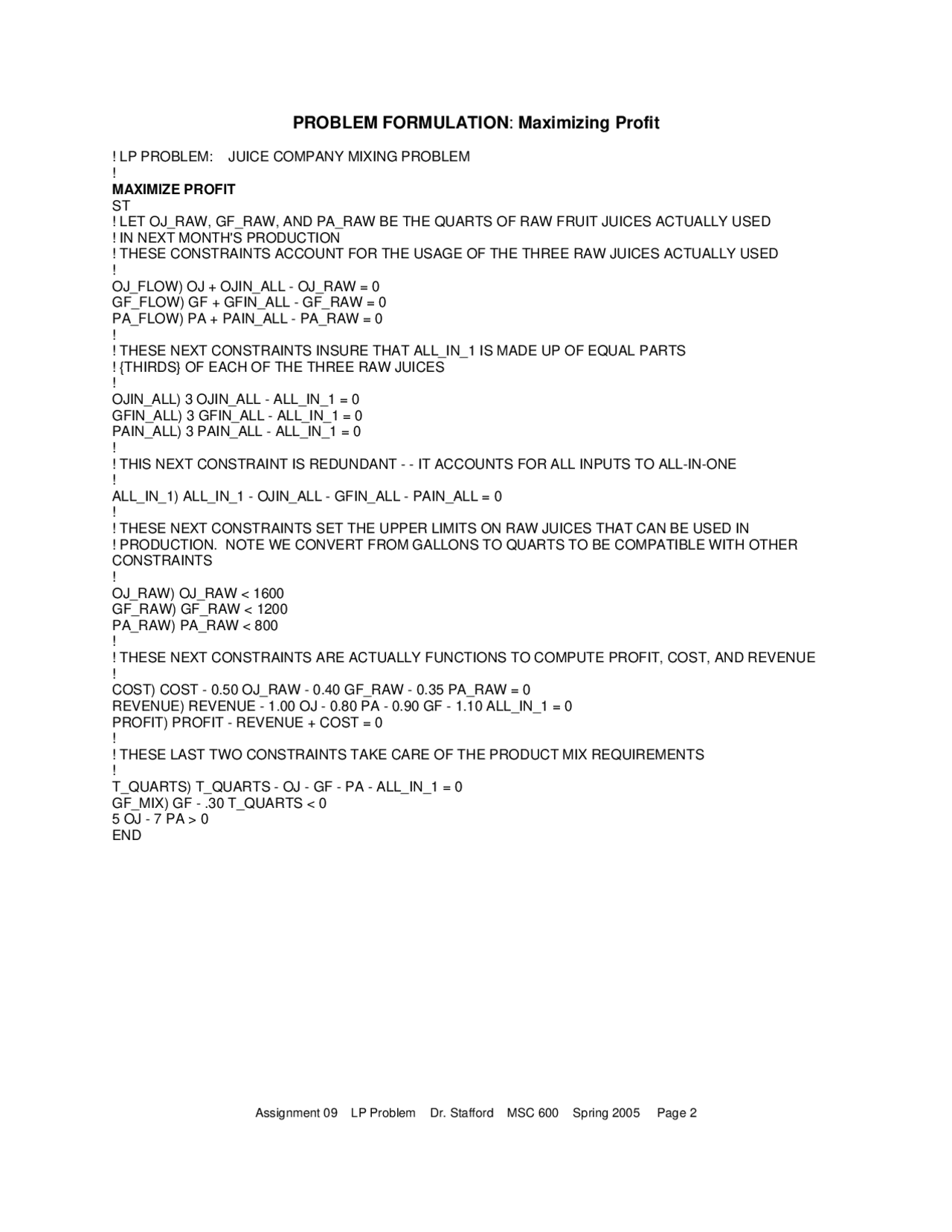 Problem Formulation Maximizing Profit Msc 600 Docsity