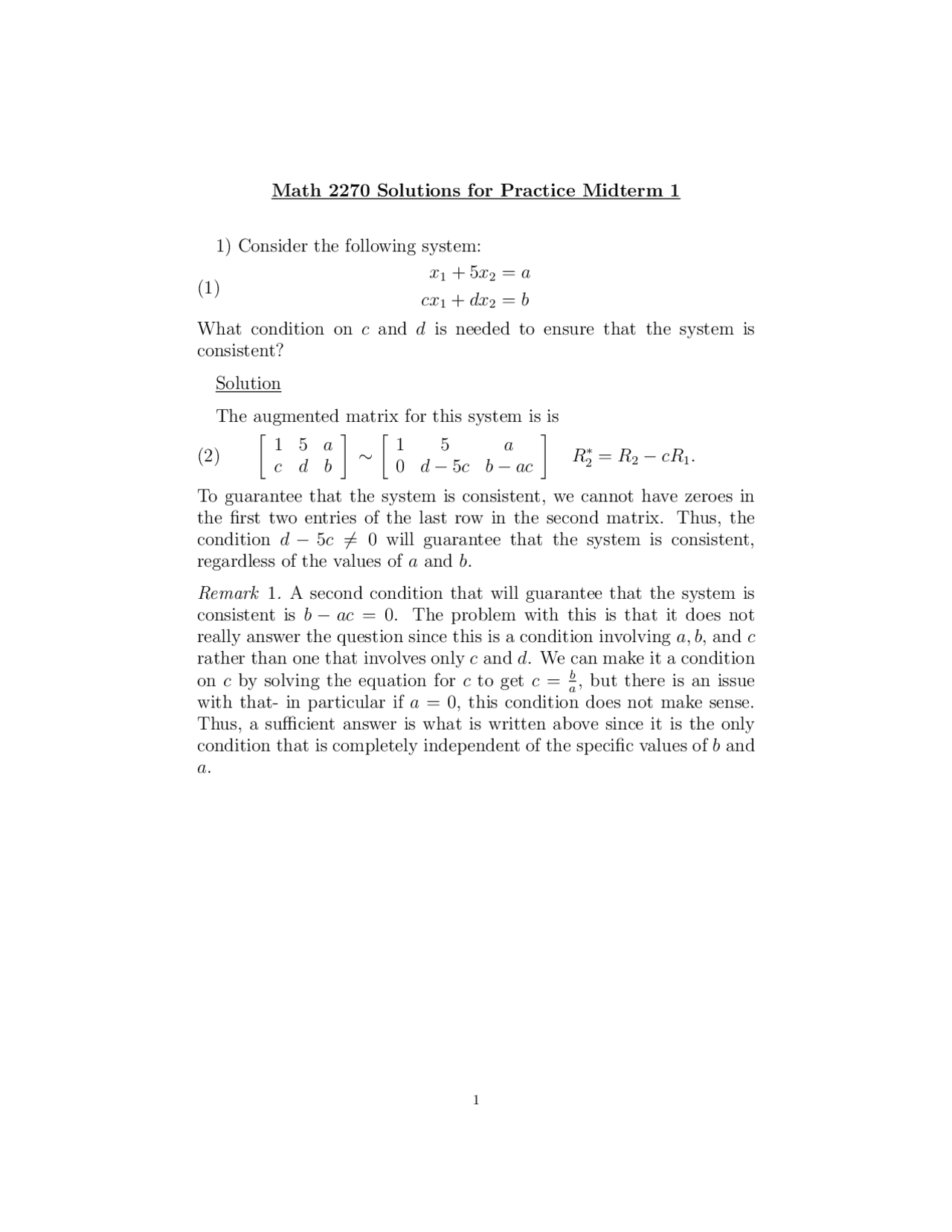 Solutions For Practice Midterm 1 Elementary Linear Algebra Math