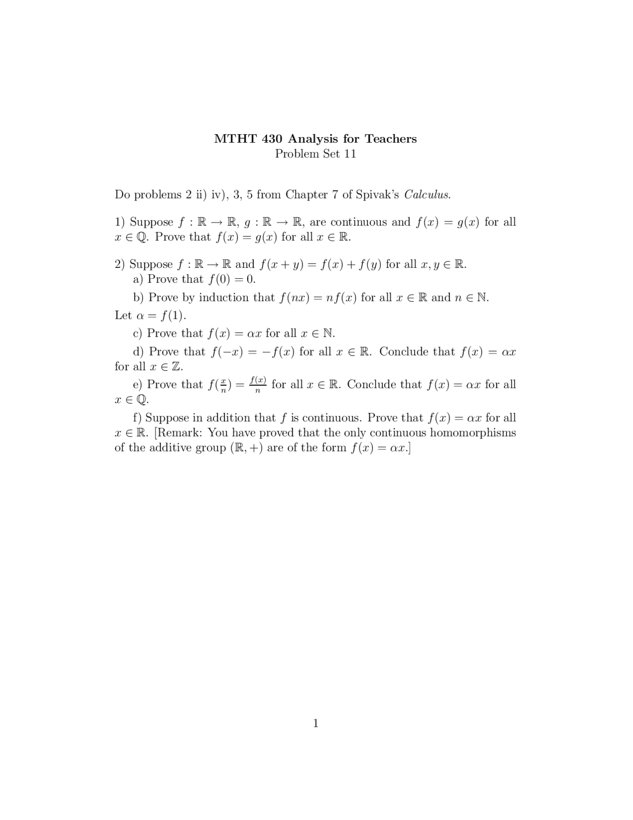 Problem Set 11 Mathematical Analysis For Teachers I Mtht 430 Docsity