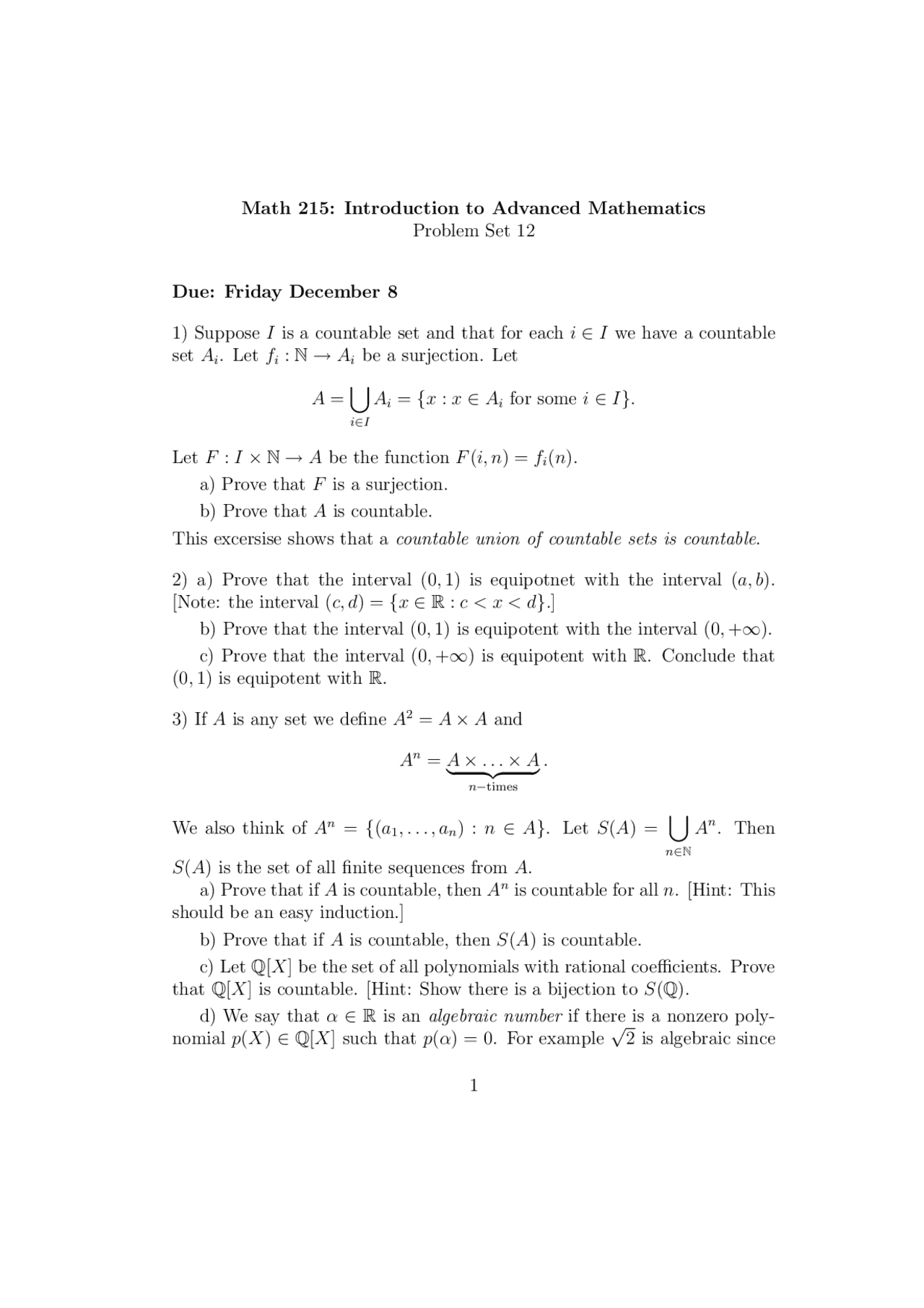 Problem Set 12 for Introduction to Advanced Mathematics | MATH 215 ...