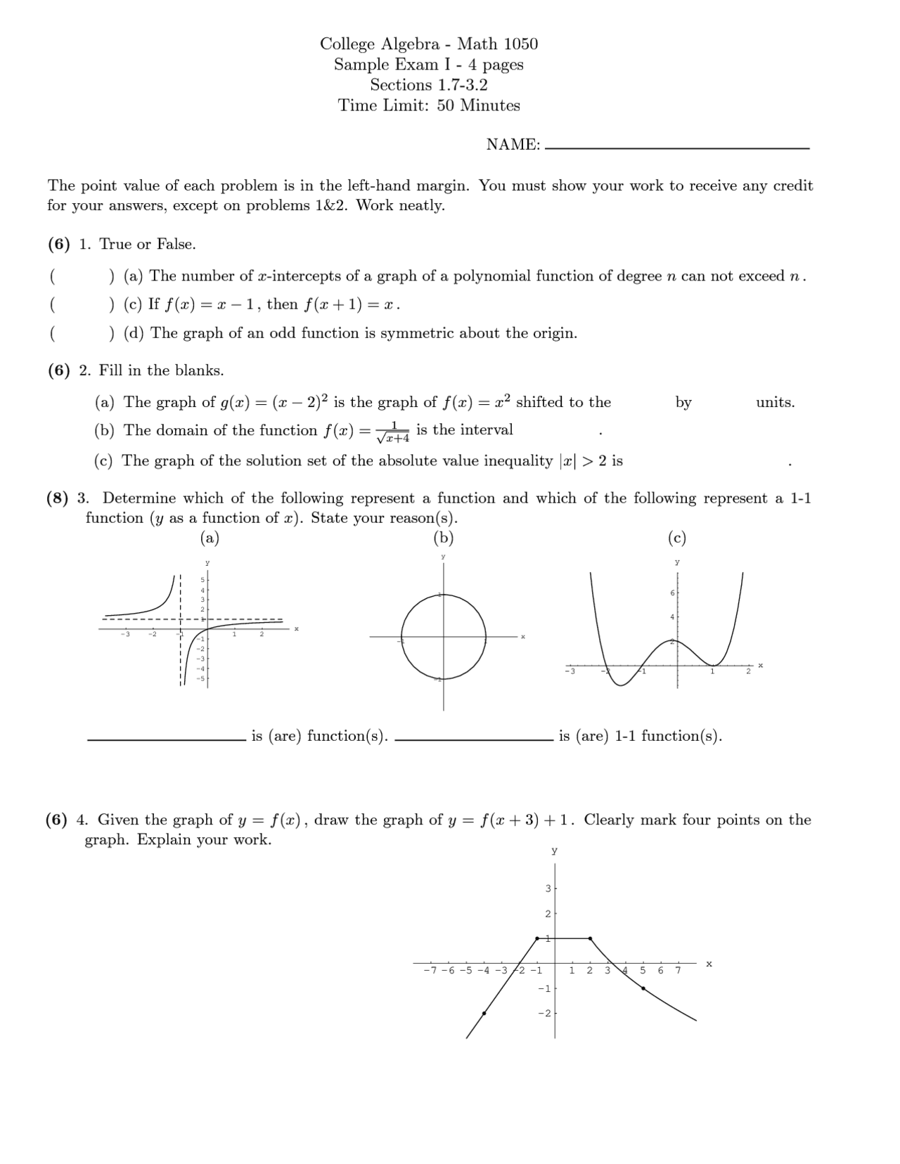 Sample Examination 1 - College Algebra | MATH 1050 - Docsity
