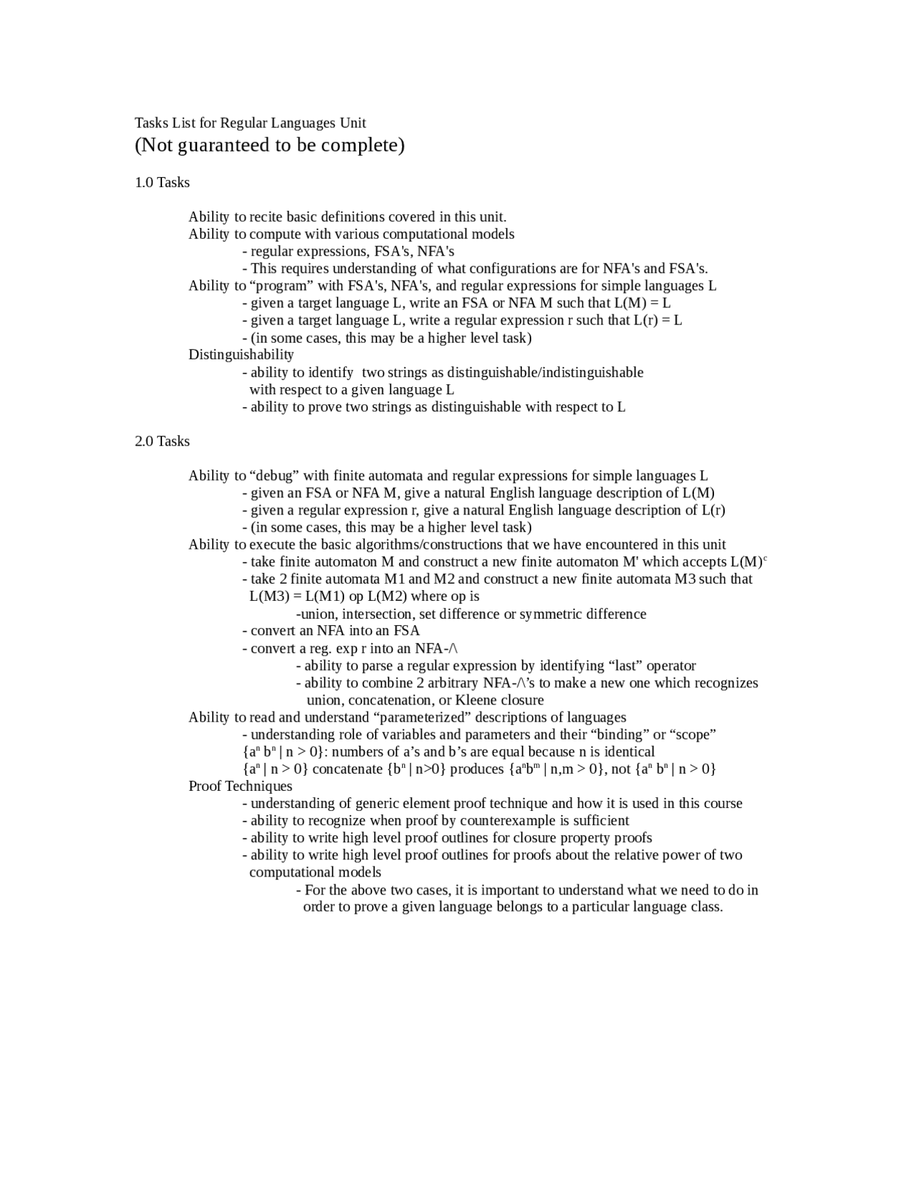 Tasks List For Regular Languages Unit Computability And Languages